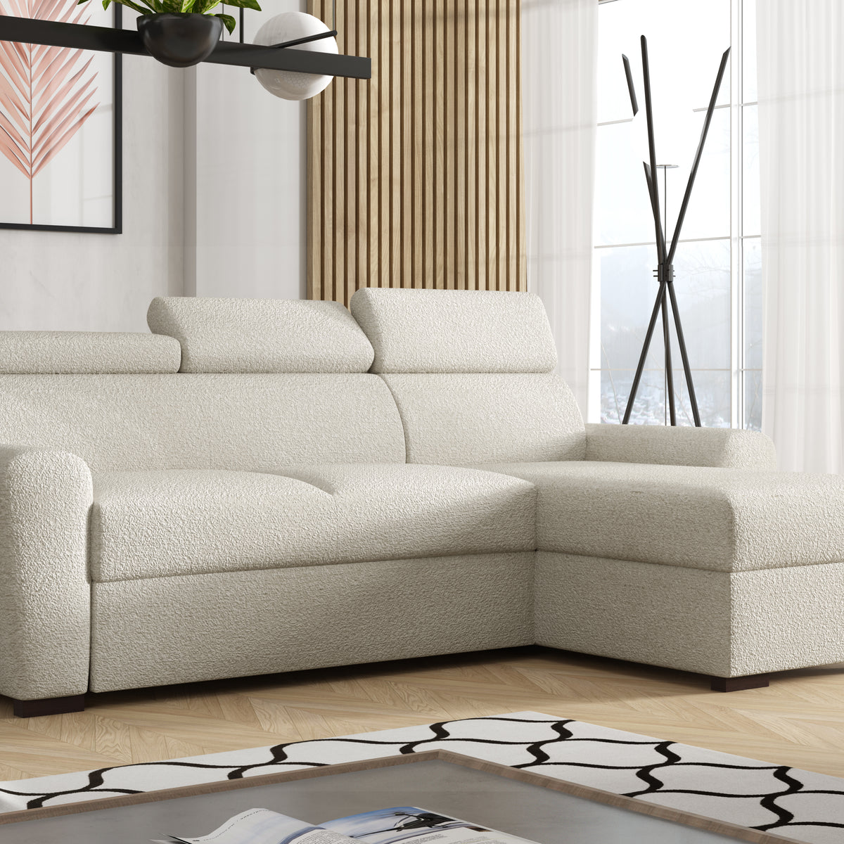 UNIVERSAL CORNER SOFA BED LAMBI 249CM BOUCLE FABRIC ADJUSTABLE HEADRES – Anna Furniture