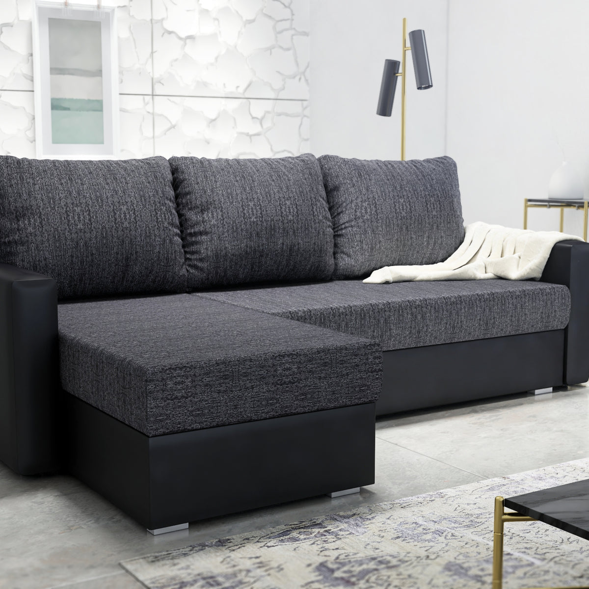 CORNER SOFA BED FOXY UNIVERSAL CORNER BERLIN 02 / BLACK FAUX LEATHER / – Anna Furniture
