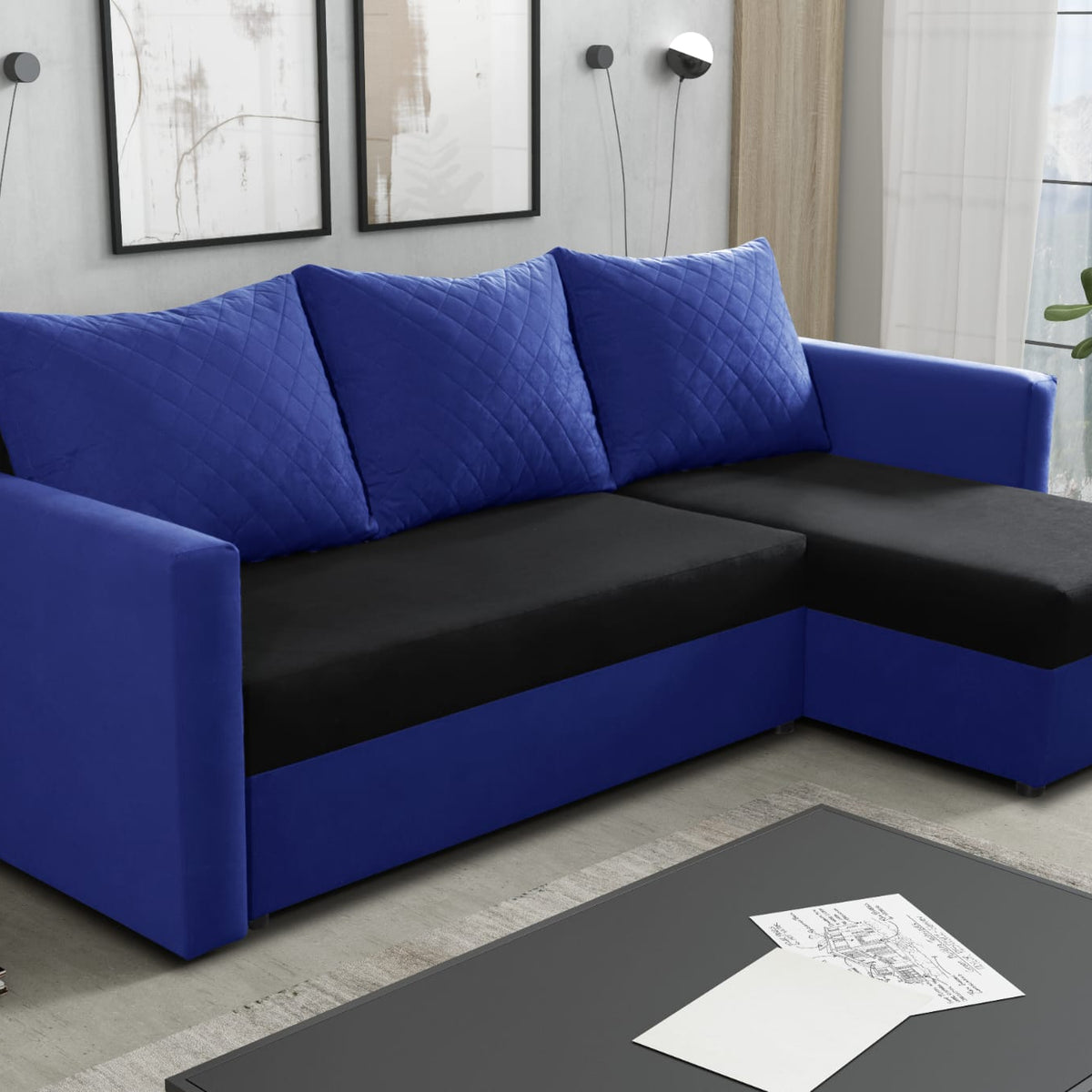 CORNER SOFA BED KEN BLACK/BLUE 15+SUE14 222cm universal RIGHT/LEFT COR ...